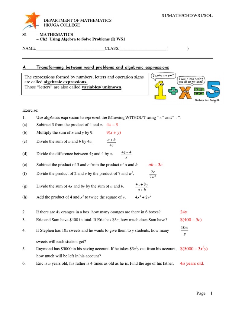 S1 Math CH2 WS1 Sol | PDF | Teaching Mathematics | Mathematical Analysis