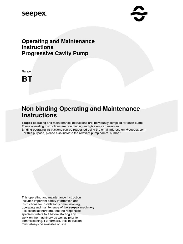 Seepex BT Range Instructions | PDF | Electric Motor | Pump