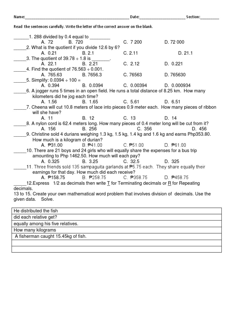 Name: - Date: - Section: - Read The Sentences Carefully. Write The ...