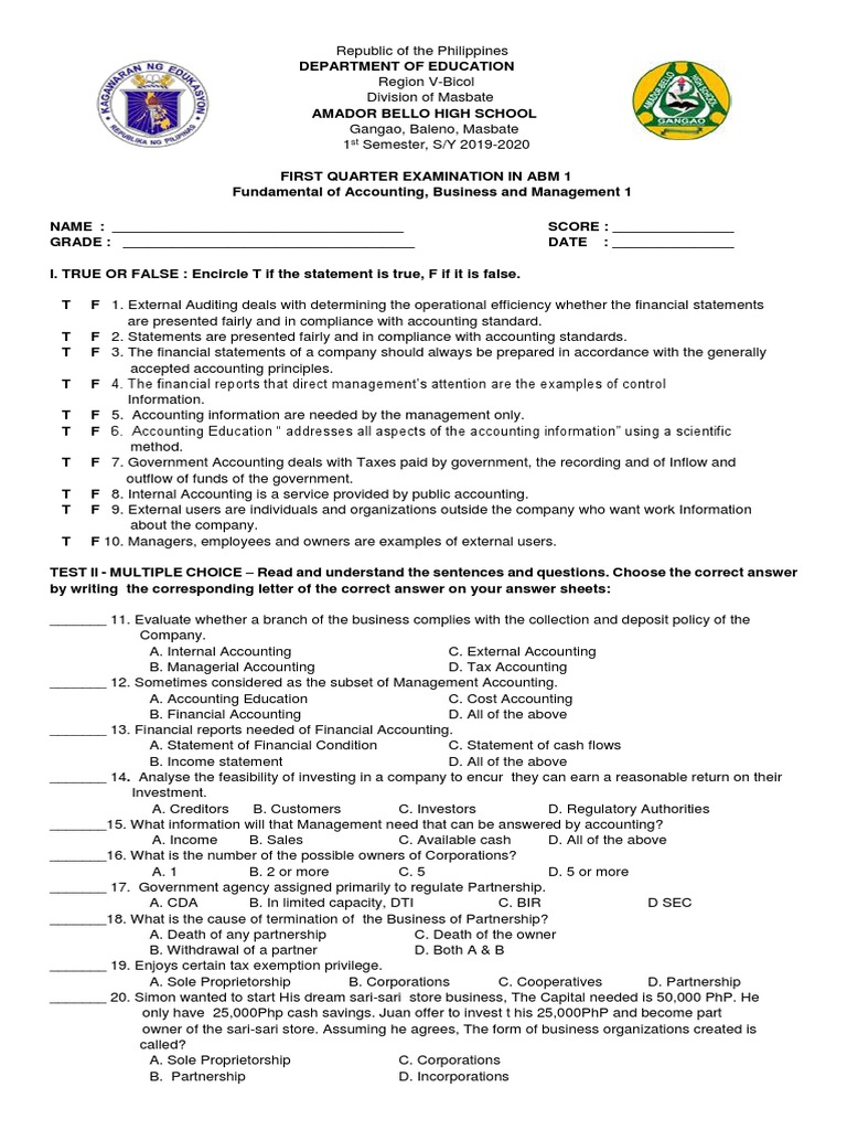 Abm 1 Questionaires | PDF | Accounting | Financial Statement