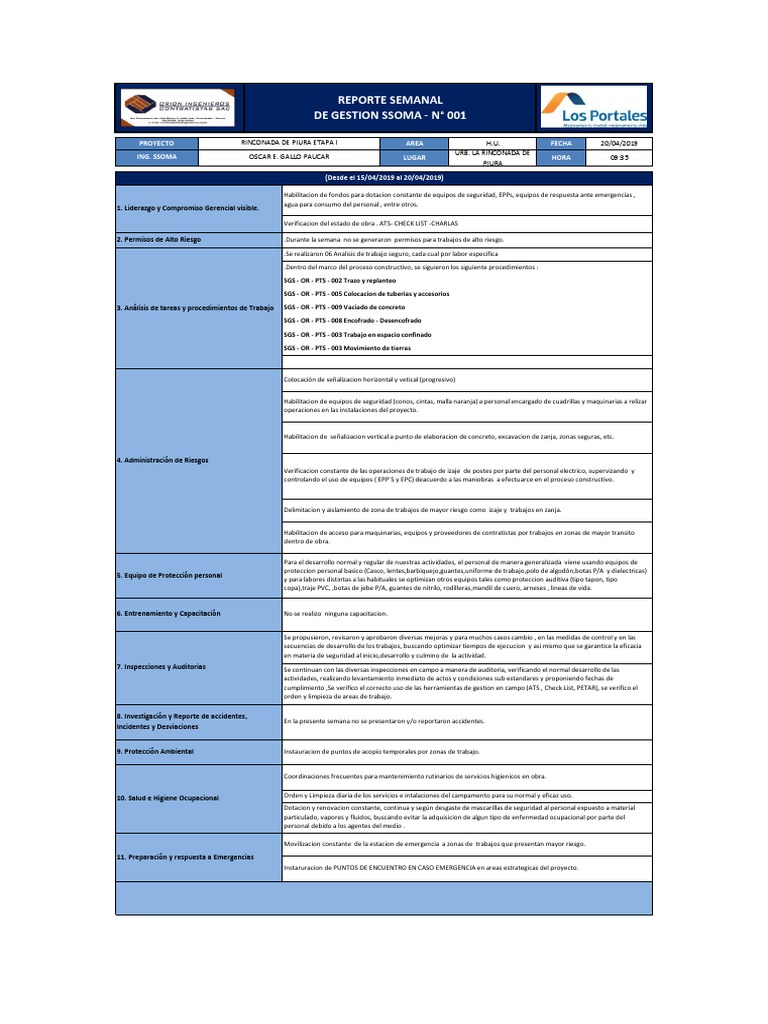 Reporte Ssoma Semanal Rpi - or - Inf - 001 | PDF Reporte Ssoma Semanal Rpi - or - Inf - 001 | PDF