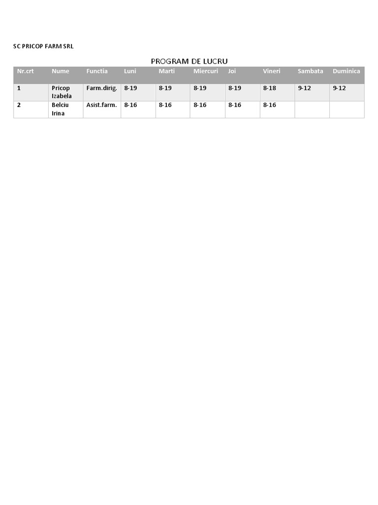 Program de Lucru: NR - CRT Nume Functia Luni Marti Miercuri Joi Vineri ...