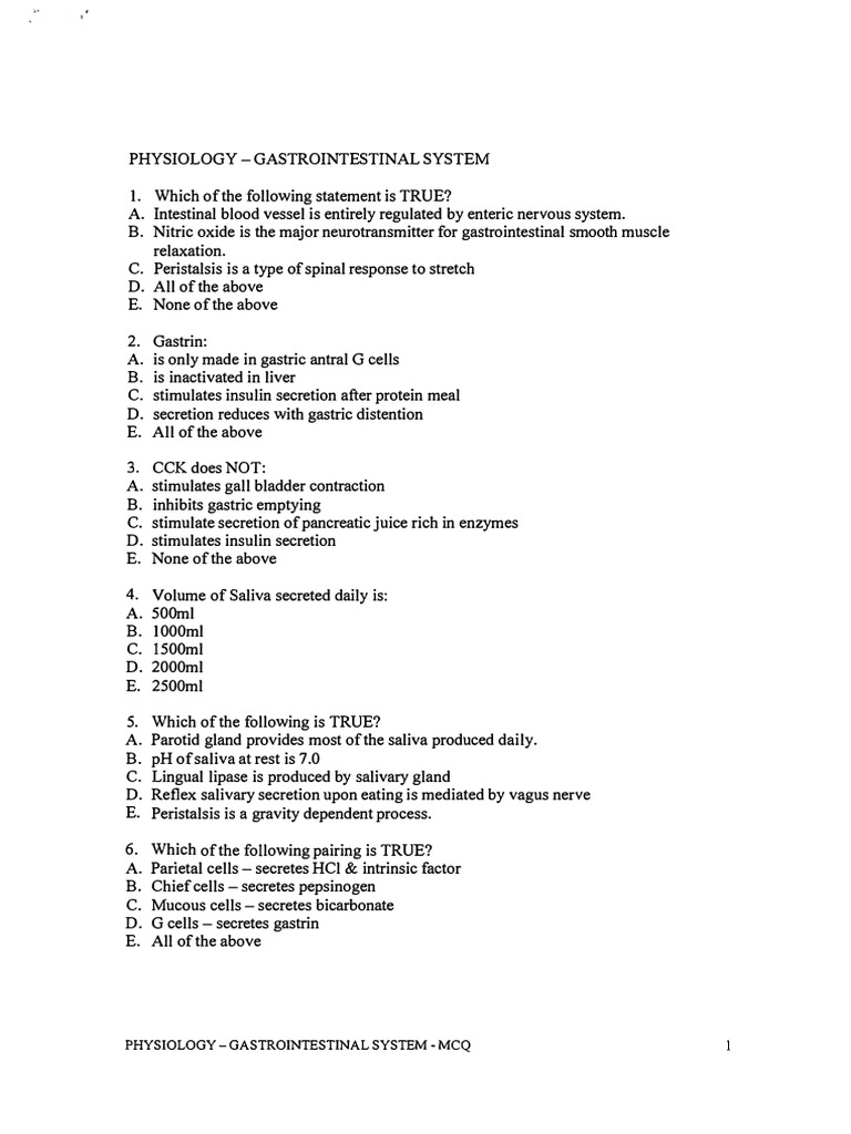 018 Physiology MCQ ACEM Primary GIT | PDF | Stomach | Pancreas