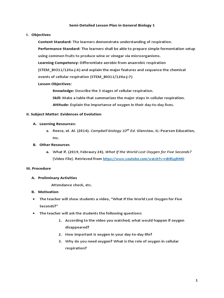 Semi-Detailed Lesson Plan For Cellular Respiration | PDF | Cellular ...