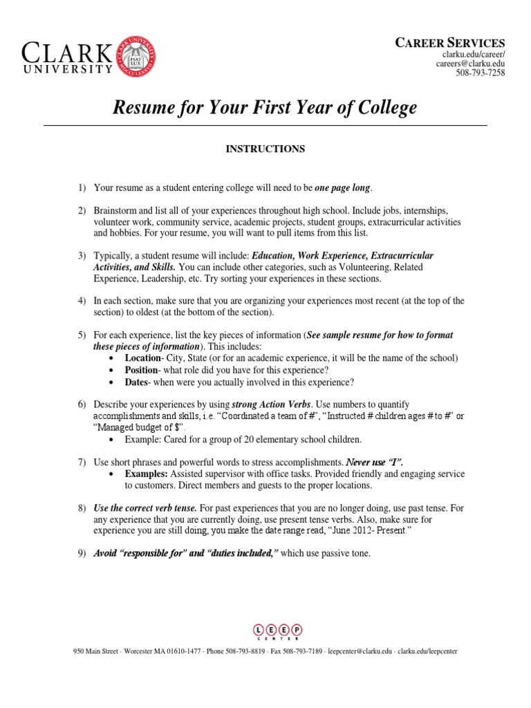 Incoming Student Resume Handout Clark University | PDF | Résumé ...