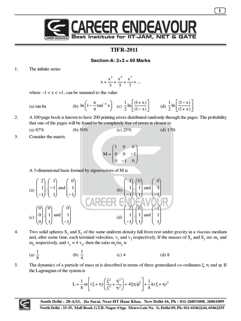 Tifr 2011 Physics | PDF | Emission Spectrum | Physical Quantities