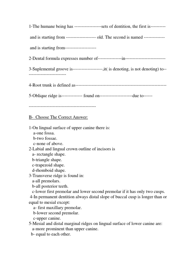 Dental Anatomy Quiz | PDF | Tooth | Dentistry Branches