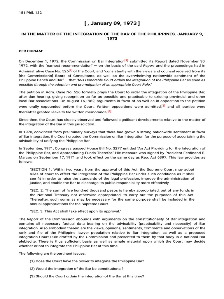Integration of the Philippine Bar 1973 | PDF | Bar Association | Law