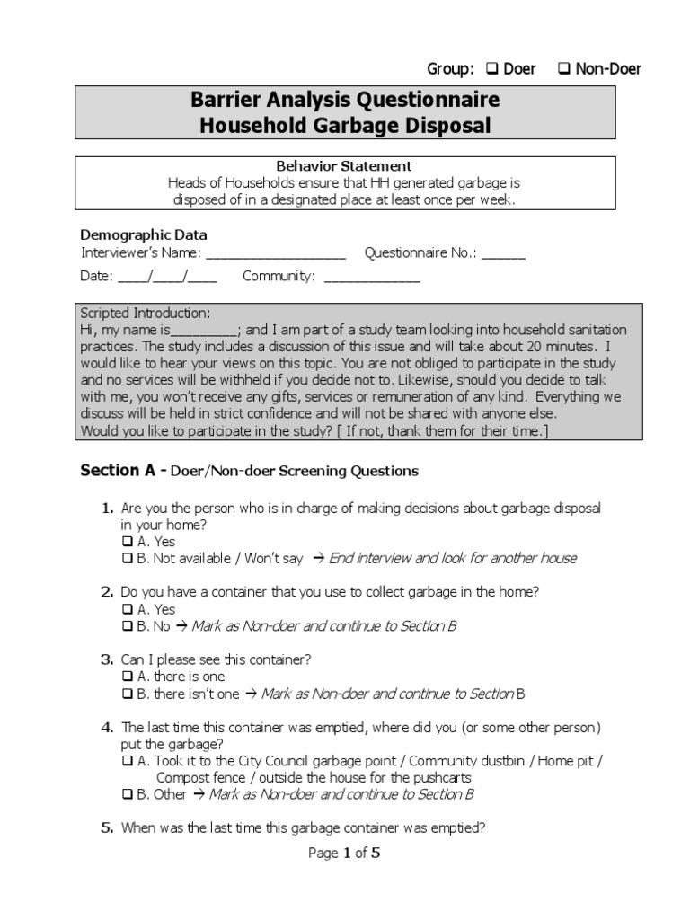 Barrier Analysis Questionnaire Household Garbage Disposal: Section A ...