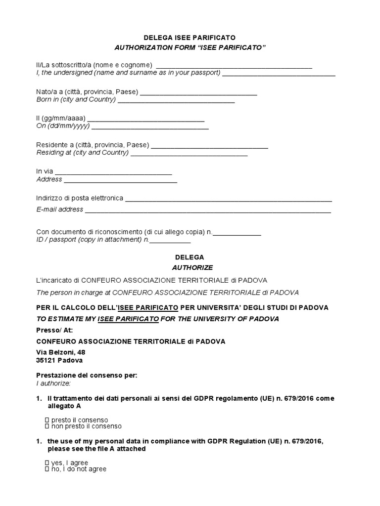Delega ISEE Parificato - Authorization Formq PDF | PDF