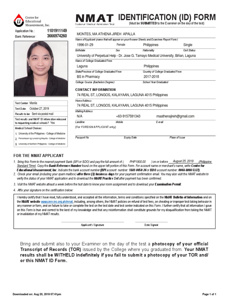 NMAT ID Form | PDF | Medical School | Business