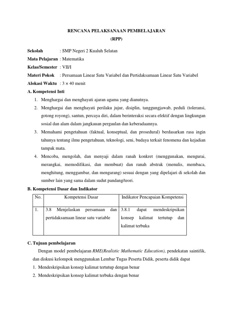 RPP PLSV Model RME. Microteaching | PDF