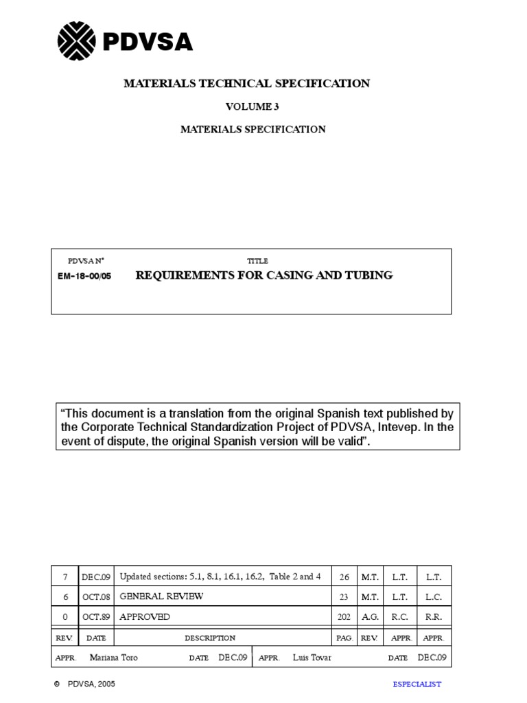 Requirements for Casing and Tubing: A Comprehensive Technical Specification for Oil and Gas Well ...