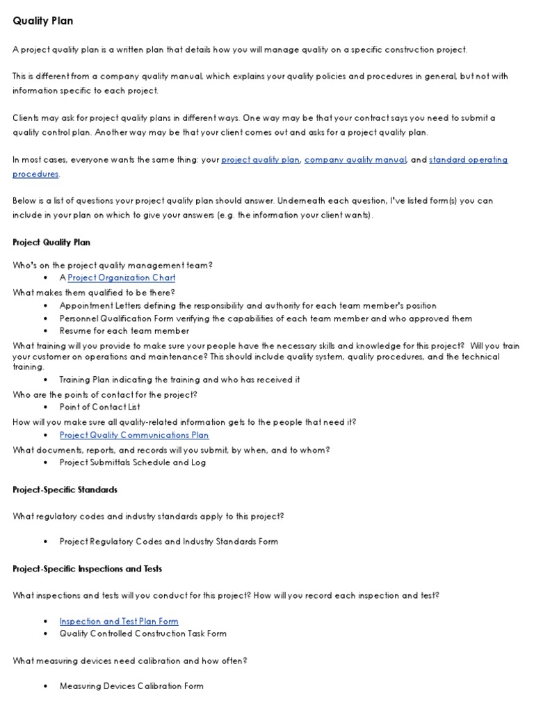 Project Quality Plan Company Quality Manual Standard Operating ...