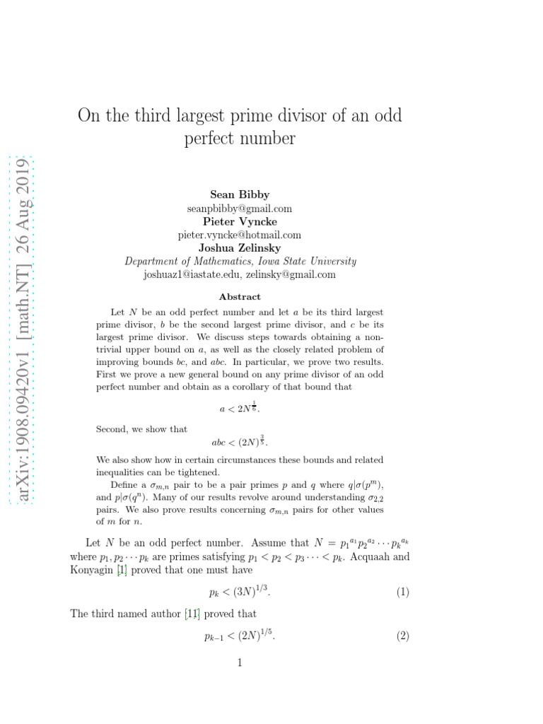 On The Third Largest Prime Divisor of An Odd Perfect Number: Department ...