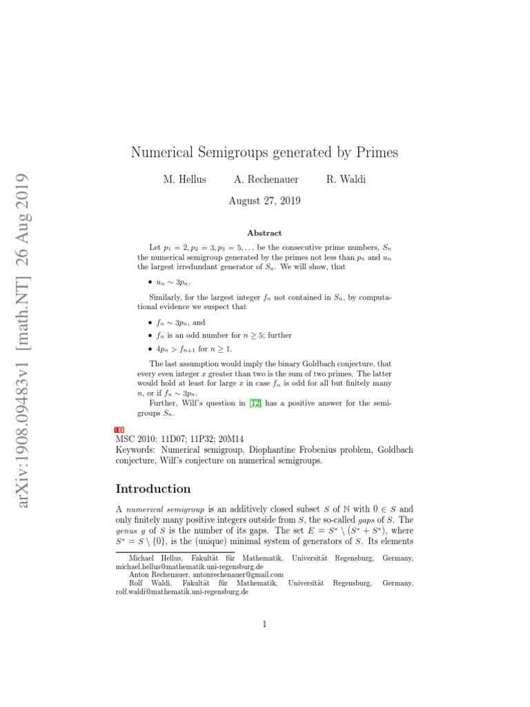 Numerical Semigroups Generated by Primes: M. Hellus A. Rechenauer R ...