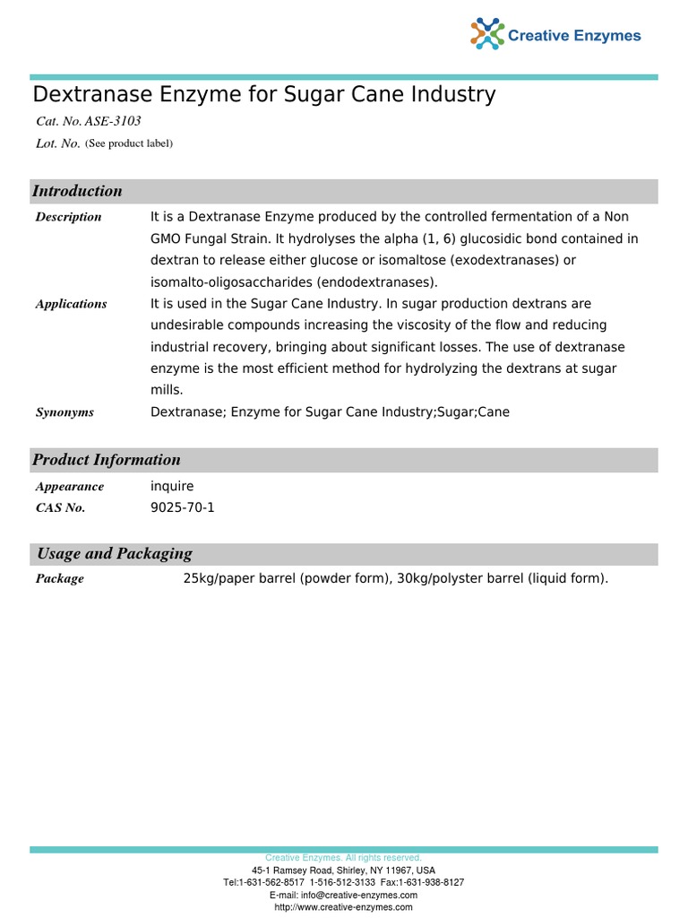 Dextranase Enzyme For Sugar Cane Industry | PDF