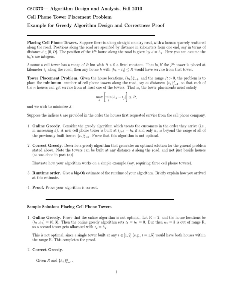 373 - Algorithm Design and Analysis, Fall 2010 Cell Phone Tower Placement Problem Example For ...