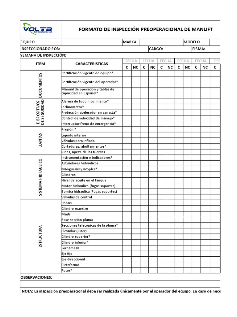 Check List - Manlift | Ascensor | Vehículos terrestres