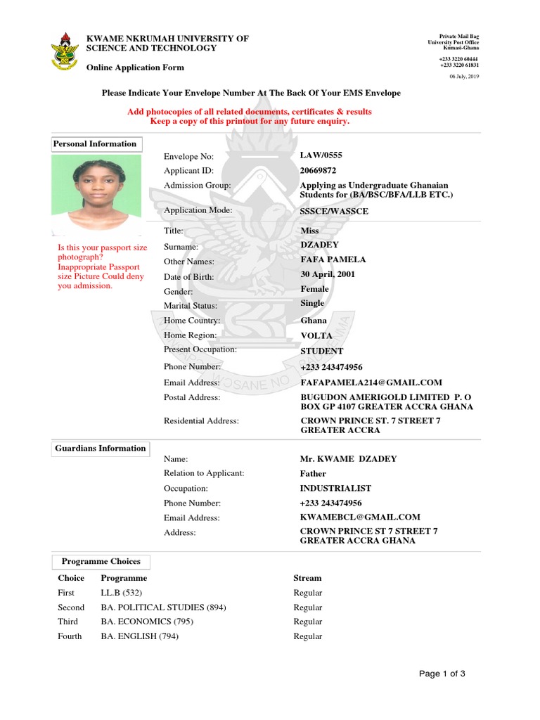 KNUST ONLINE ADMISSIONS-Applicant ID - 20669872 PDF | PDF | Ghana | Mail