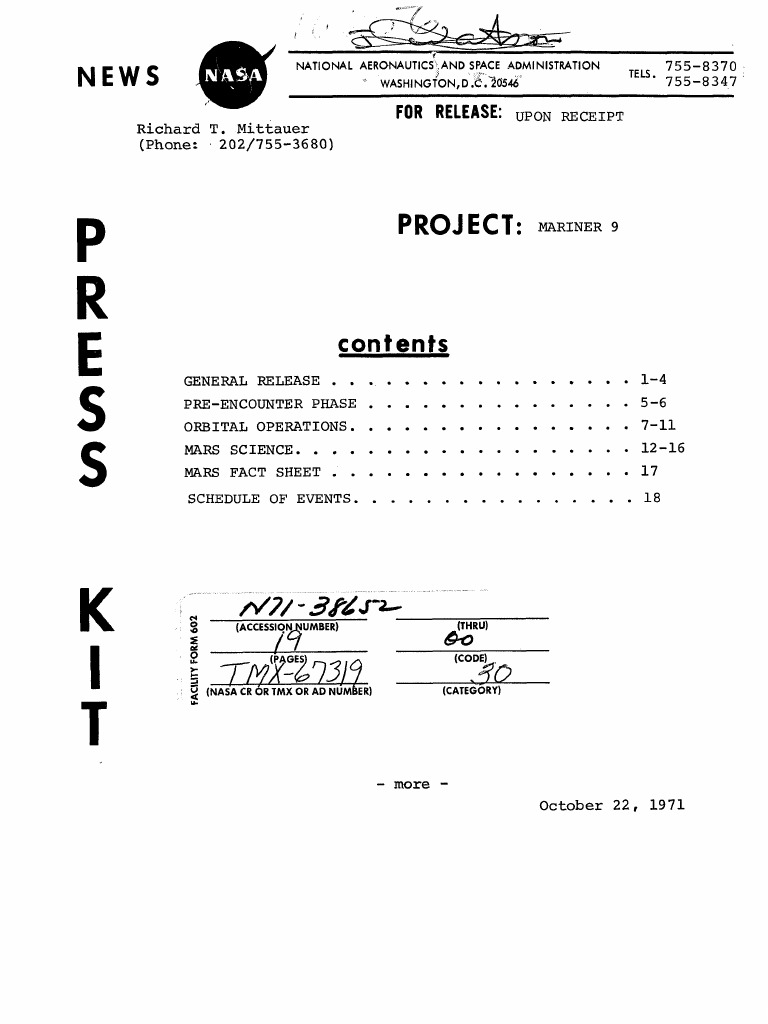 Mariner 9 Press Kit | PDF | Mars | Terrestrial Planets