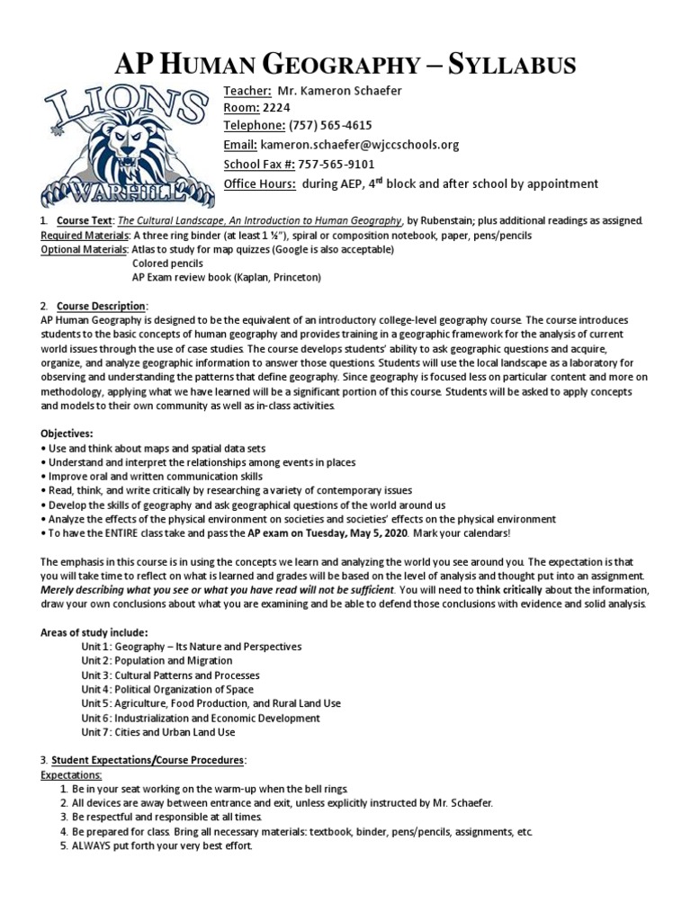 01-Ap Human Geo Syllabus 19-20 | PDF | Geography | Homework
