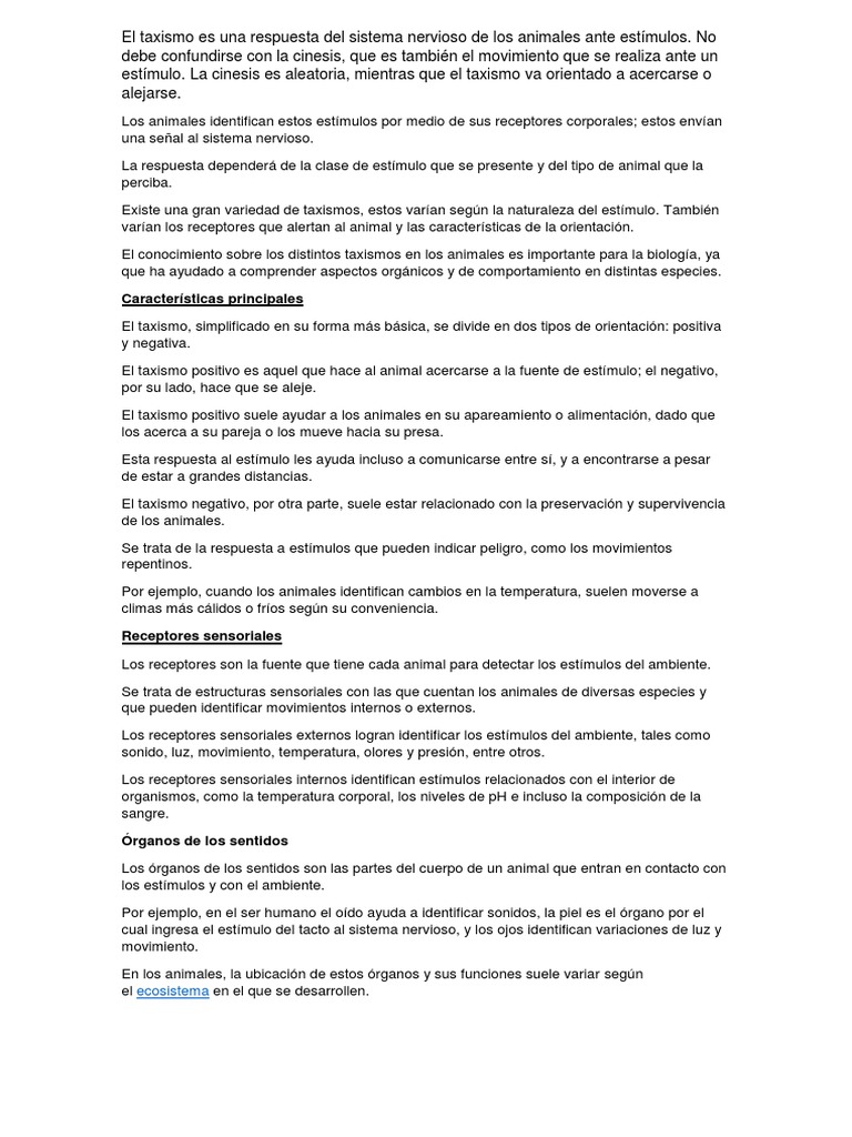 El Taxismo Es Una Respuesta Del Sistema Nervioso de Los Animales Ante ...