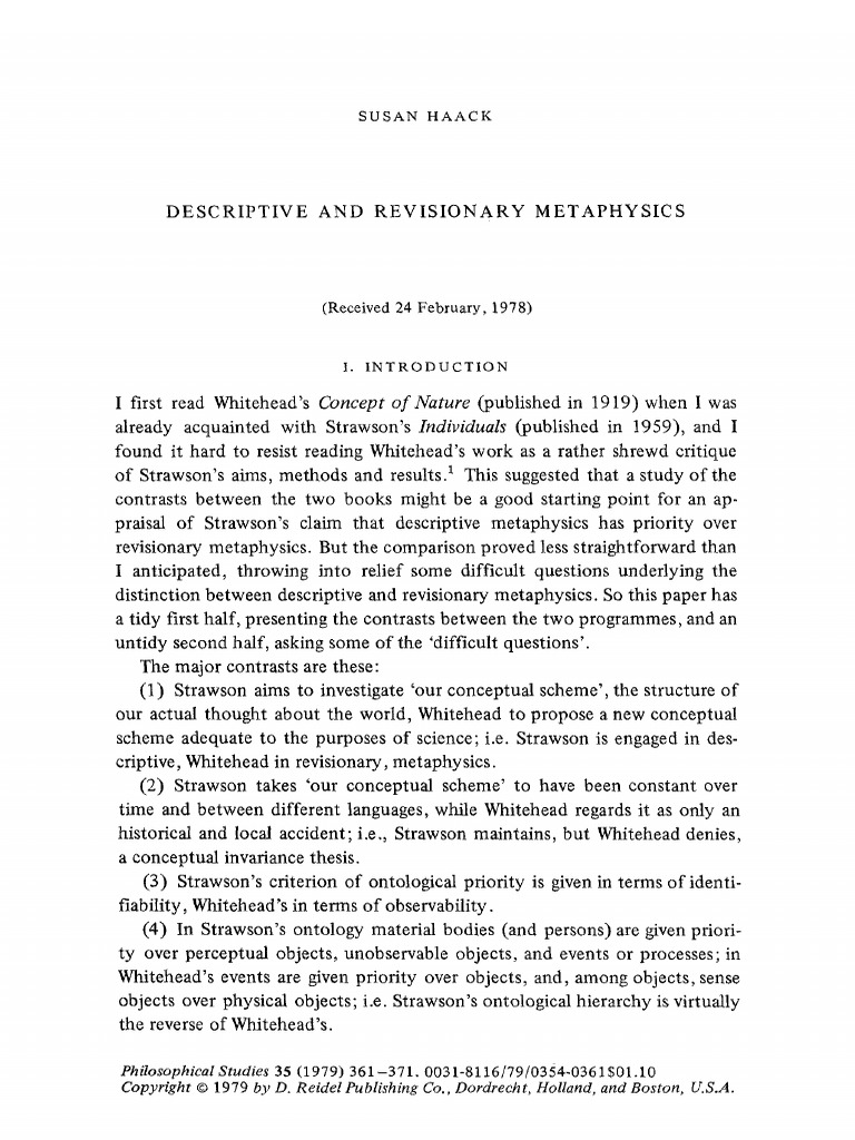 Haack, S. 1979 Descriptive and Revisionary Metaphysics | PDF | Object ...