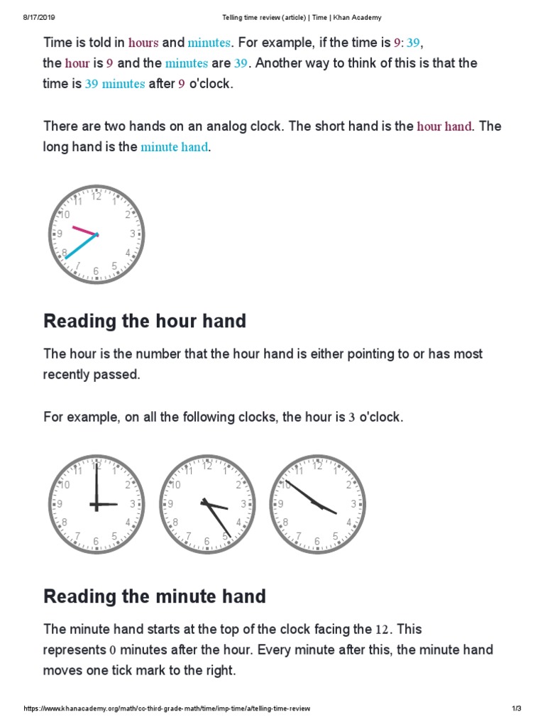 Telling Time Review (Article) - Time - Khan Academy | PDF | Clock | Hour