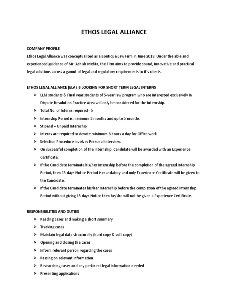 Short Term Internship-Ethos Legal Alliance | PDF | Internship | Job Hunting