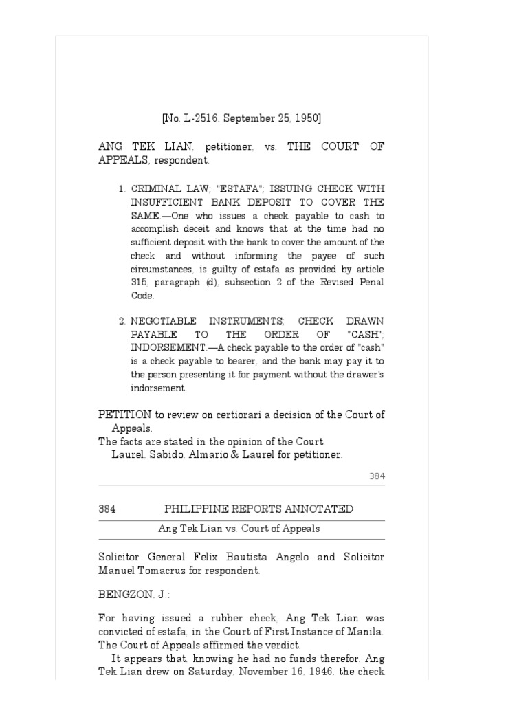 Ang Tek Lian vs. Court of Appeals | PDF | Negotiable Instrument | Cheque