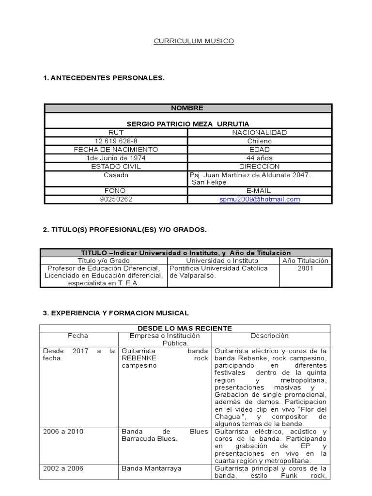 Curriculum de Guitarrista Profesional | PDF | La música rock | Grupos ...