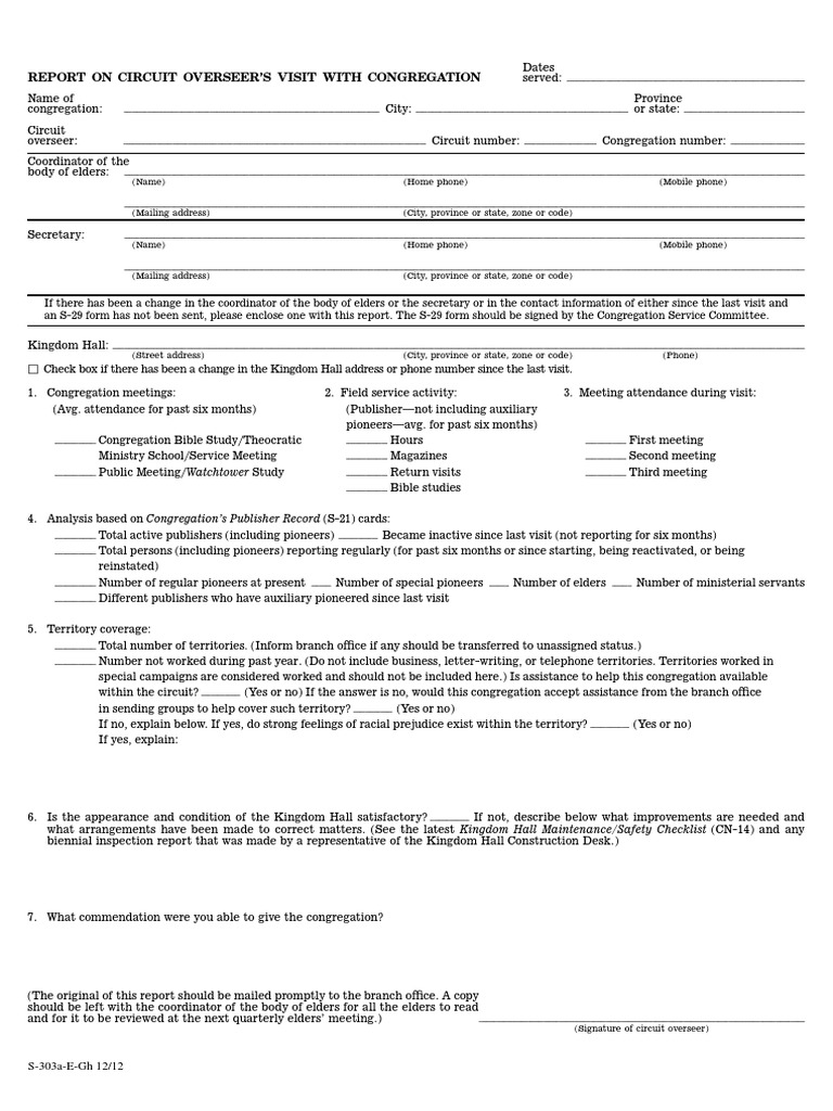 Report On Circuit Overseer'S Visit With Congregation: Watchtower Study ...