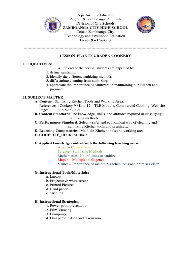Lesson Plan - Cleaning & Sanitizing | PDF | Lesson Plan | Kitchen