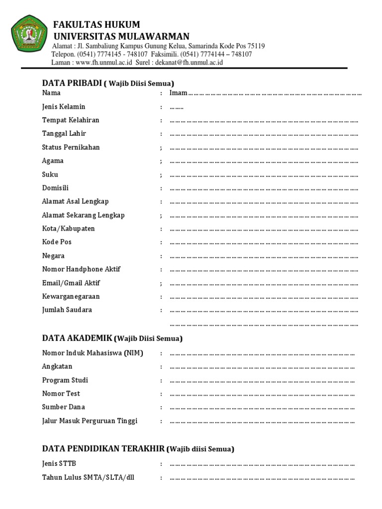 Formulir Biodata Mahasiswa Baru | PDF