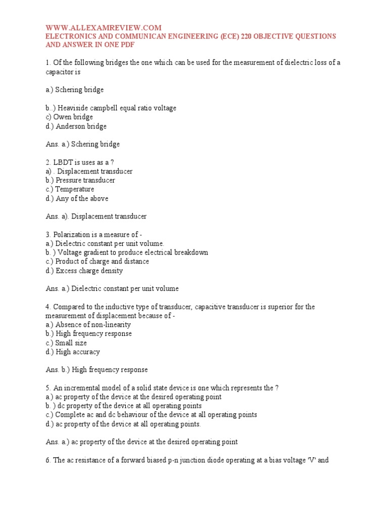 Electronics and Communication Engineering (Ece) 220 Objective Questions ...