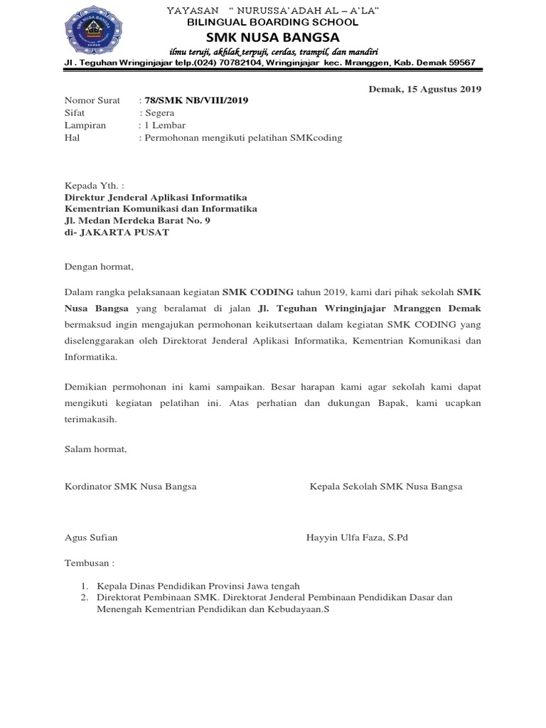 Format Surat Permohonan Pelaksanaan SMK Coding | PDF