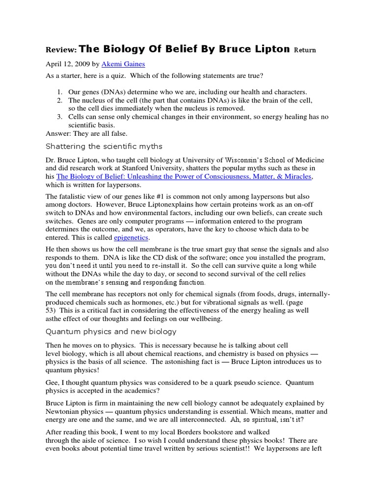 The Biology of Belief by Bruce Lipton: Review | PDF | Mind | Physics