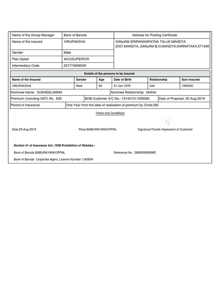 Details of The Persons To Be Insured Name of The Insured Gender Age ...