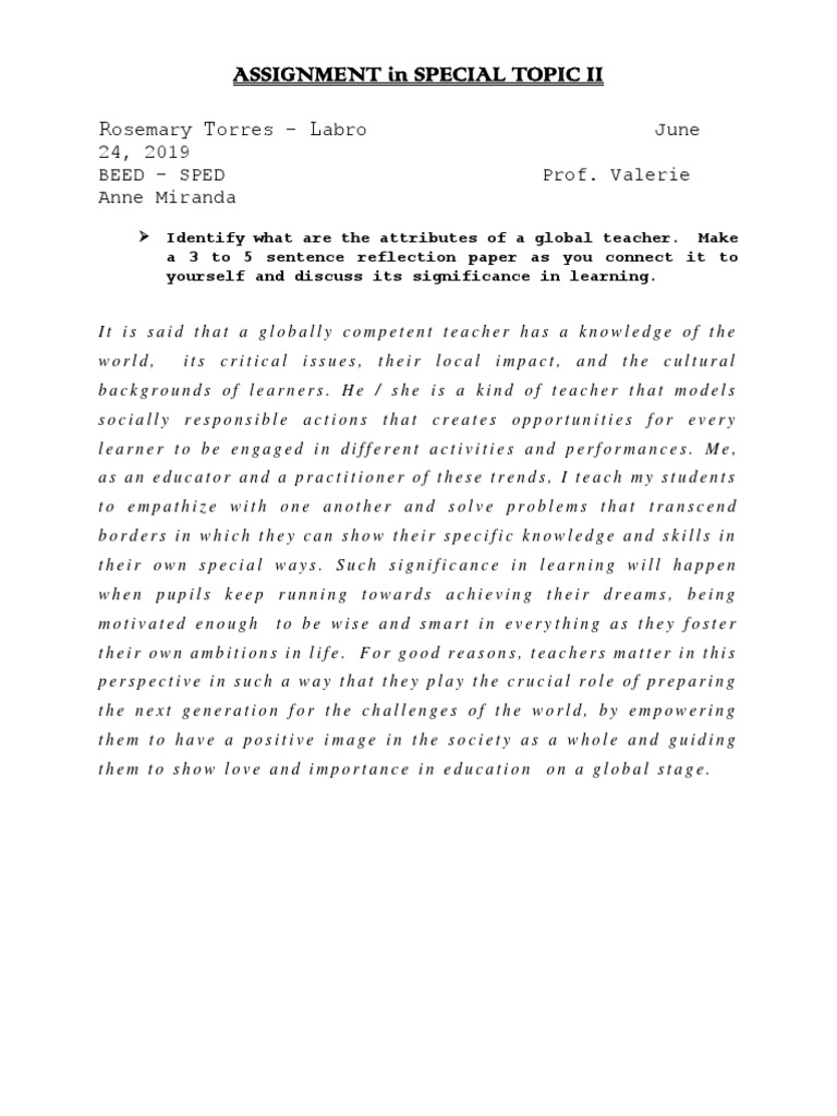 Assignment in Special Topic Ii: Osemary Orres - Abro June 24, 2019 Beed ...