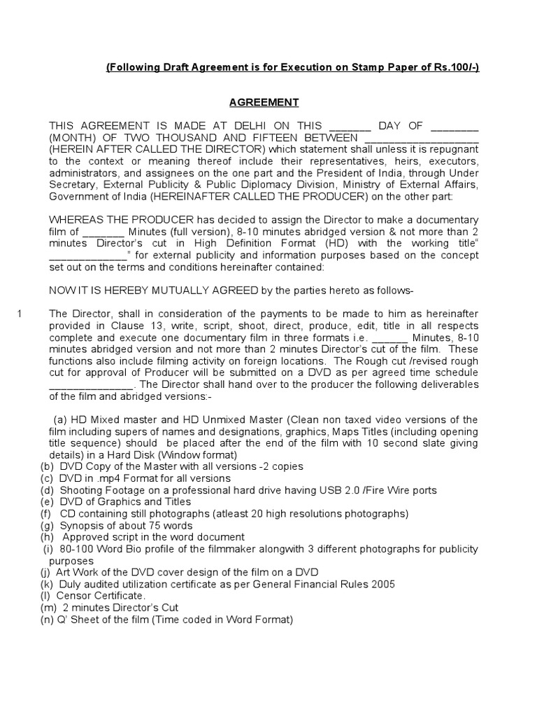 Following Draft Agreement Is For Execution On Stamp Paper of Rs.100 ...