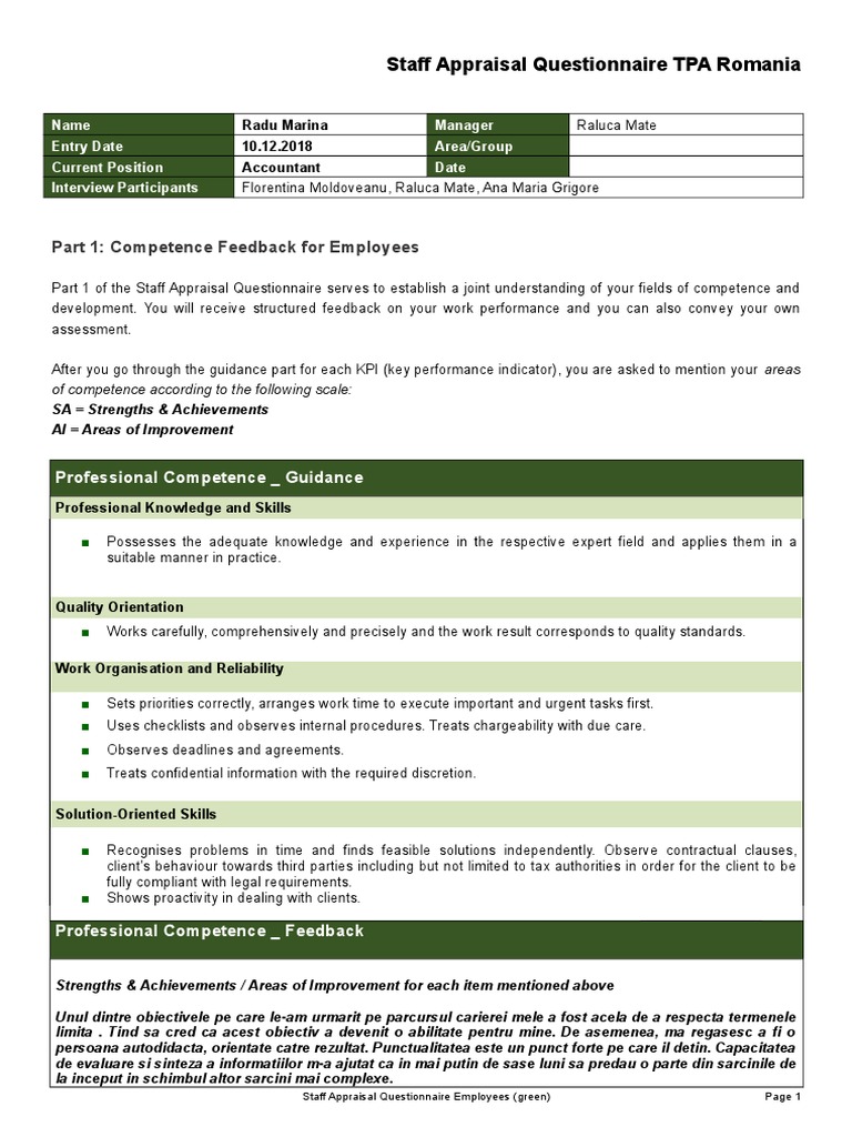 Staff Appraisal Questionnaire TPA Romania: Part 1: Competence Feedback ...