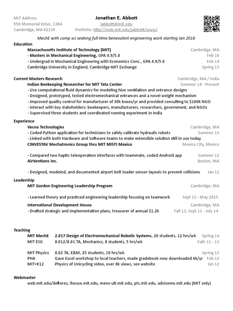 Resume of JonathanAbbott | PDF | Massachusetts Institute Of Technology ...
