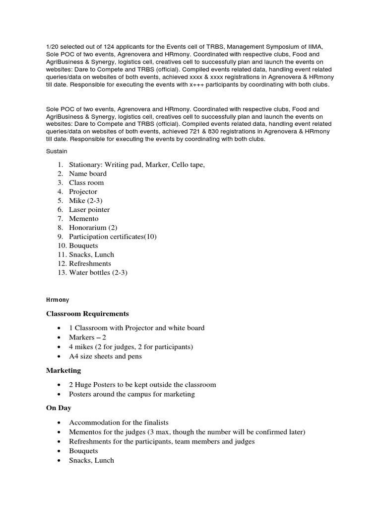 1/20 Selected Out of 124 Applicants For The Events Cell of TRBS, Management Symposium of IIMA | PDF