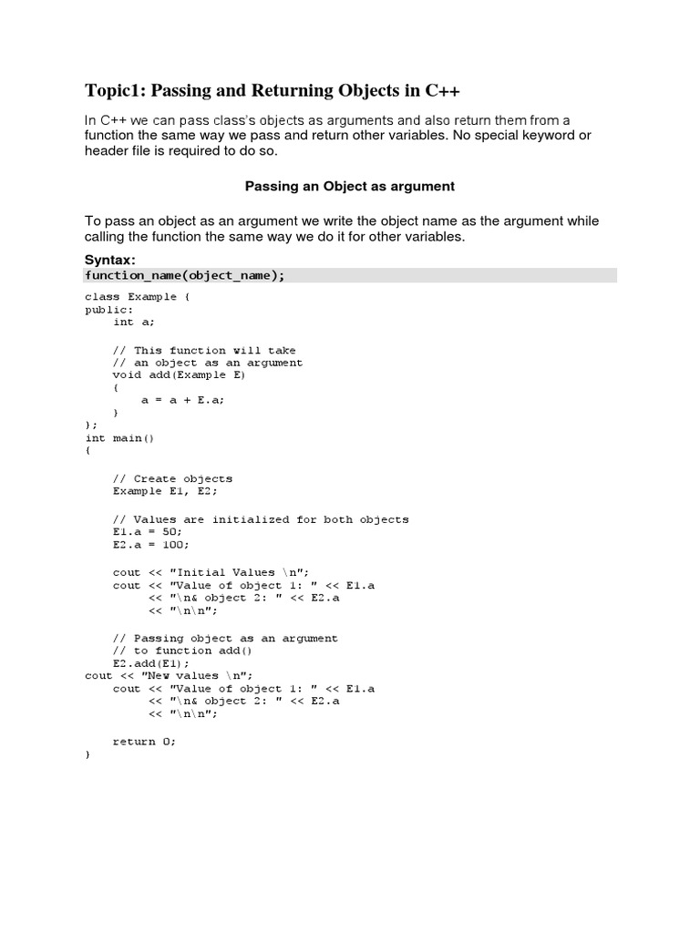 Topic1 Passing And Returning Objects In C Passing An Object As Argument Pdf Subroutine C