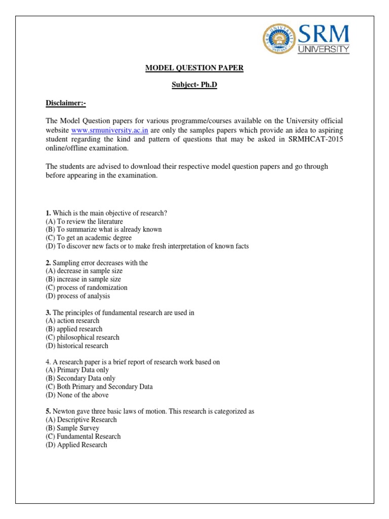 Srmhcat 2015 PHD Model Question Paper | PDF | International Law ...