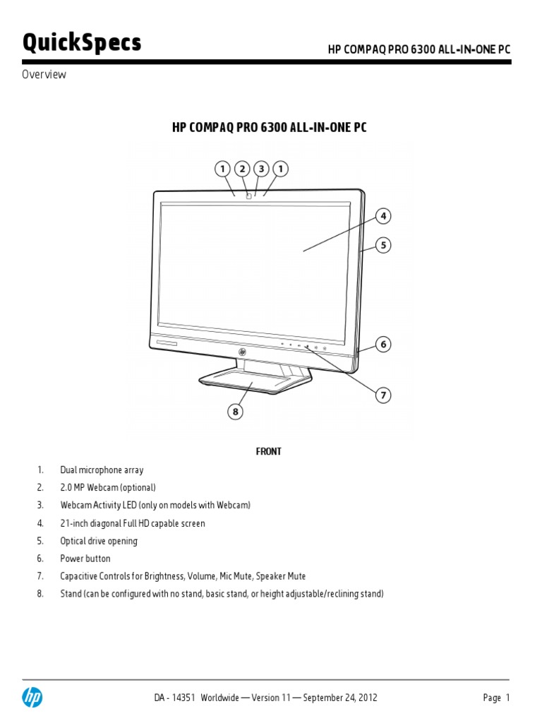 Quickspecs: HP Compaq Pro 6300 All-In-One PC | PDF | Bios | Intel