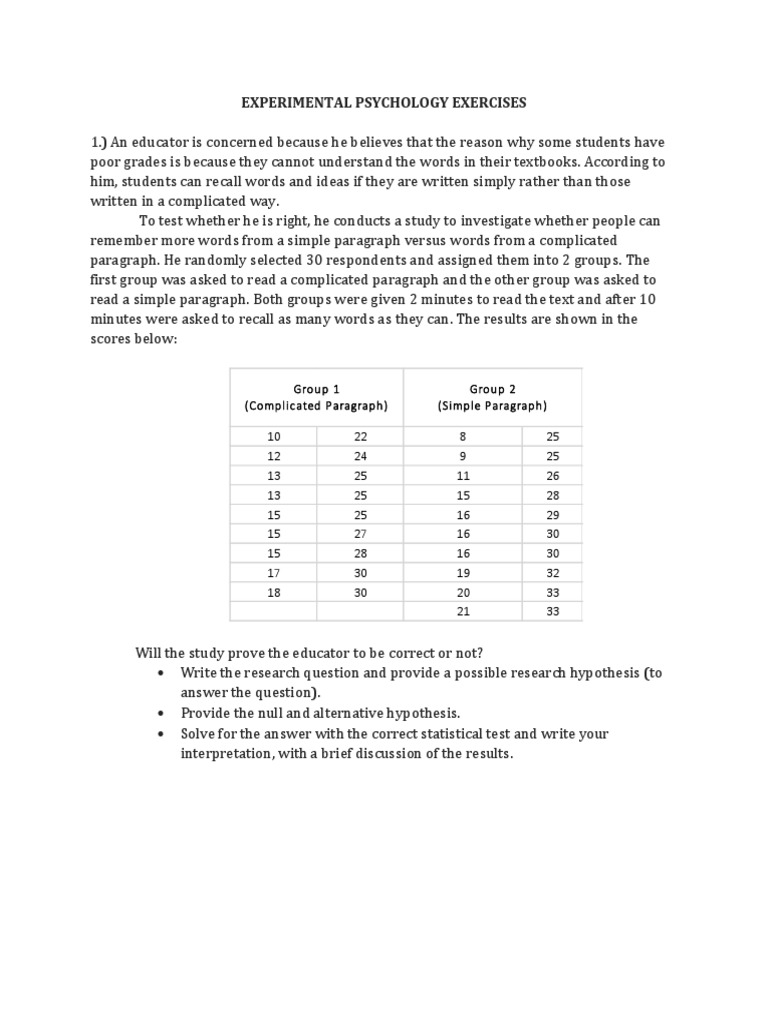 Experimental Psychology Exercises | PDF | Statistical Hypothesis ...