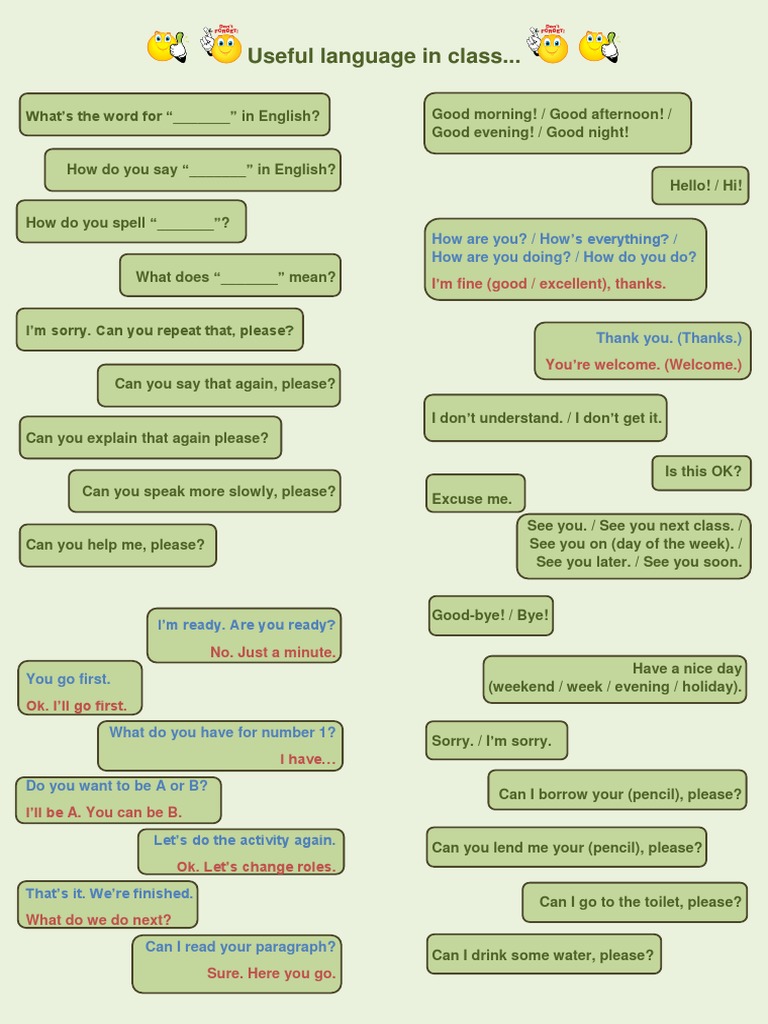 Useful Language in Class... : I 'M Fine (Good / Excellent), Thanks | PDF