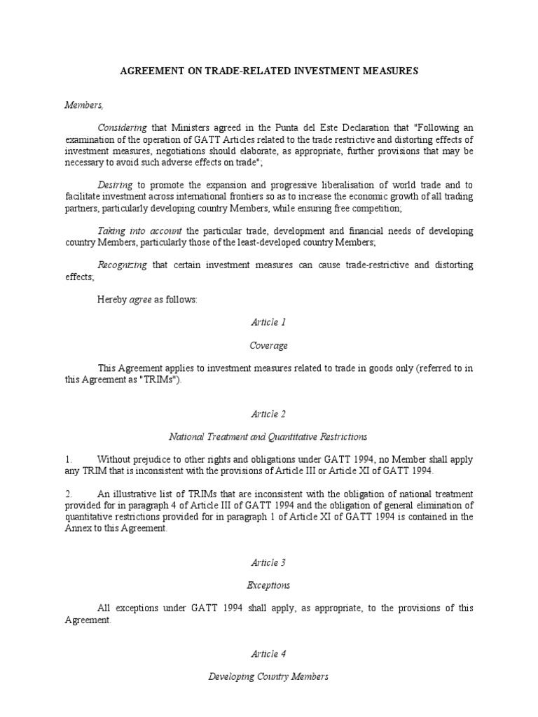 Trade-Related Investment Measures Agreement | PDF | World Trade ...